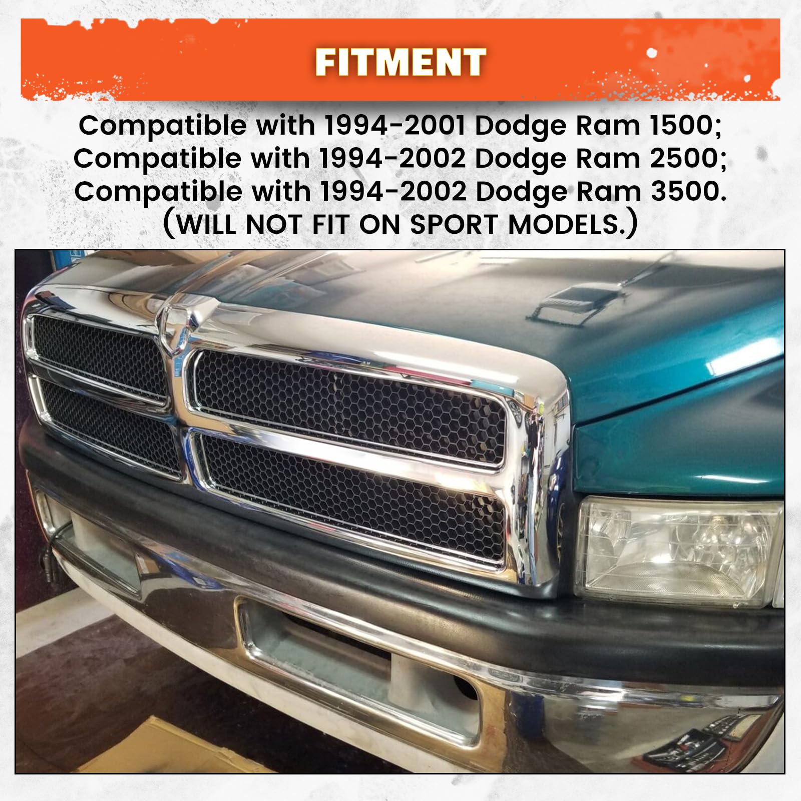 ECOTRIC Front Grille Compatible with 1994-2002 Dodge Ram 1500 2500 3500 Chrome w/Honeycomb Upper Grille Replacement for CH1200178 55055252