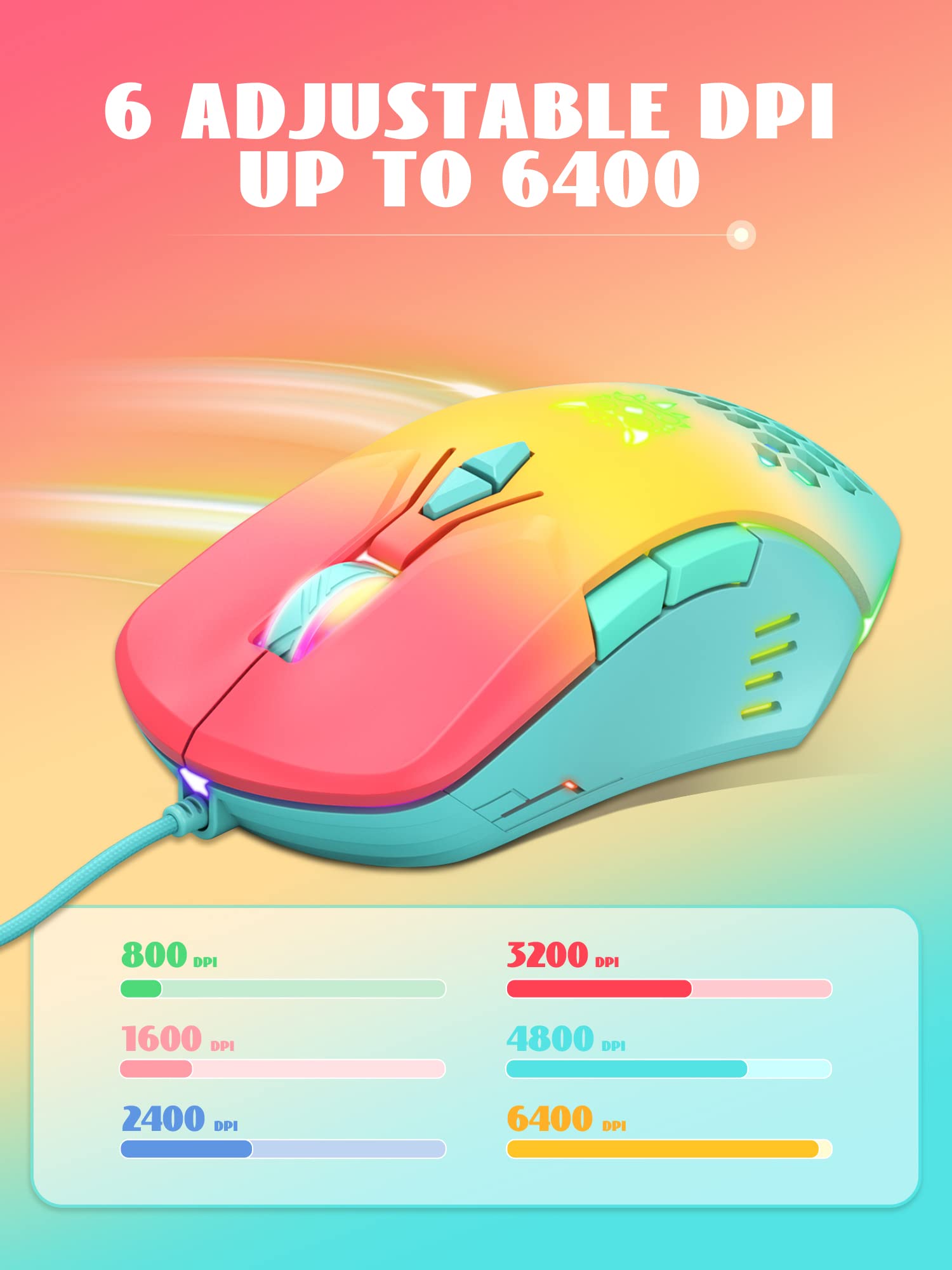Gaming Mouse Wired, Morandi Gradient RGB LED Wired Gaming Mouse, Ergonomic Plug Play PC Gaming Mice with Honeycomb Shell, 6 Adjustable DPI Up to 6400, USB Pink Mouse for Office/Windows/Mac (MRD CW902)
