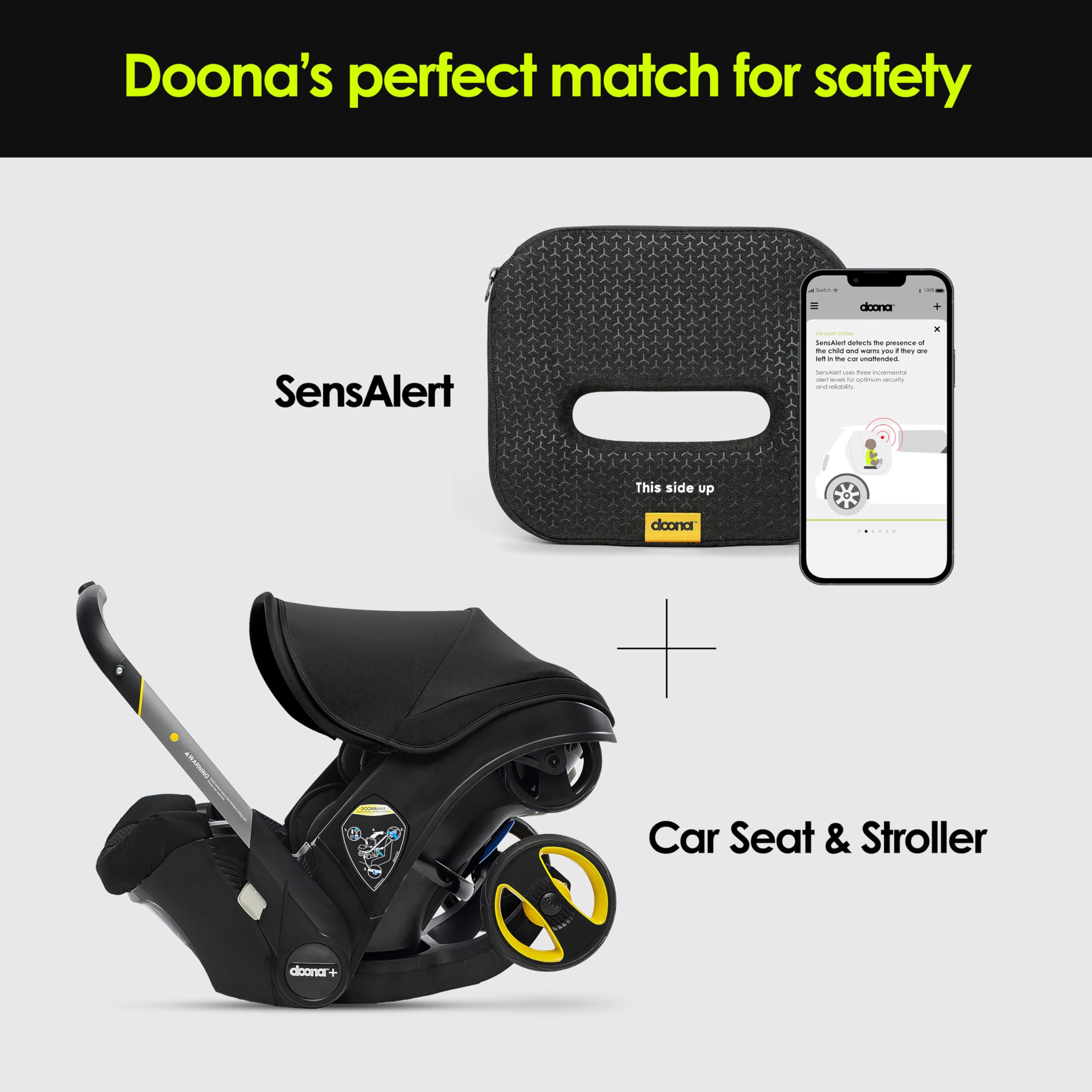 Doona Infant Car Seat, Latch Base and SensAlert Bundle - Rear Facing, Car Seat to Stroller in Seconds - Child Car Seat Alert Solution with App
