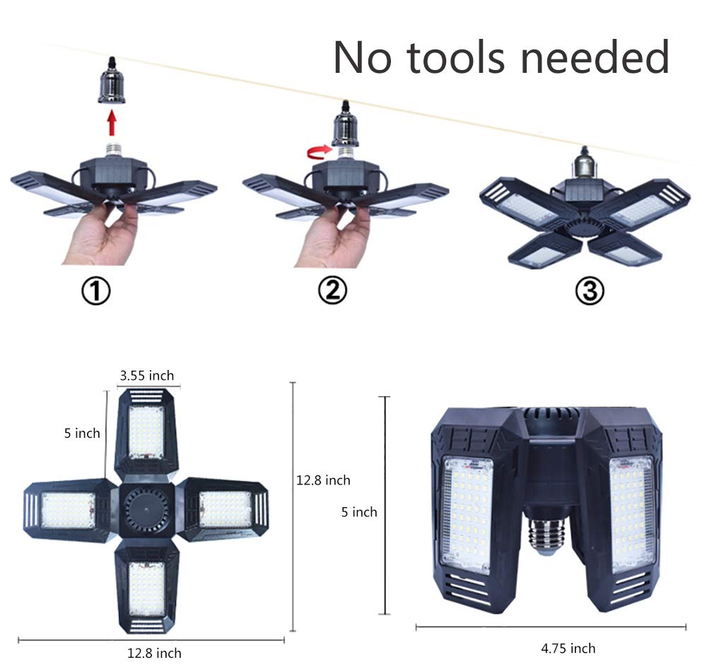 Deformable LED Garage Lights - 12000 Lumen 6500K Daylight 120W, Four Leaf Garage Organization Ceiling Lighting