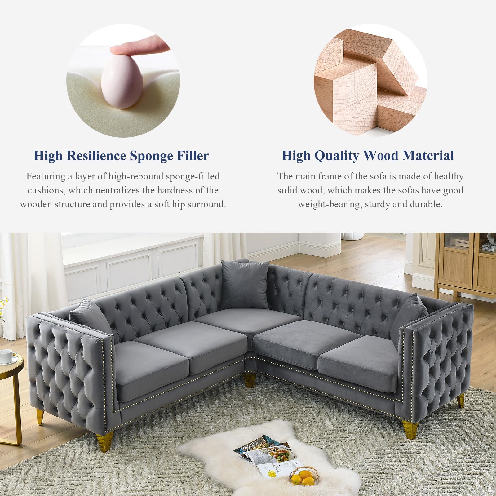 Rumiiro Velvet Corner Sofa, 82.2'' Comfy L-Shaped Sofa, Modern 5 Seater Sectional Couch with Button Tufted Back, Soft Plush Upholstered Couch for Living Room Bedroom Apartment Office(Gray)
