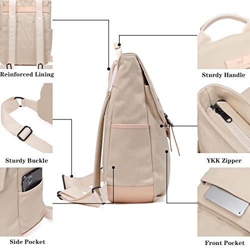 NOL Natural Organic Lifestyle Classic Casual Daypack Backpacks Durable Cotton Leather Vintage Rucksack fit 14 Inch Laptop Bag (Beige)