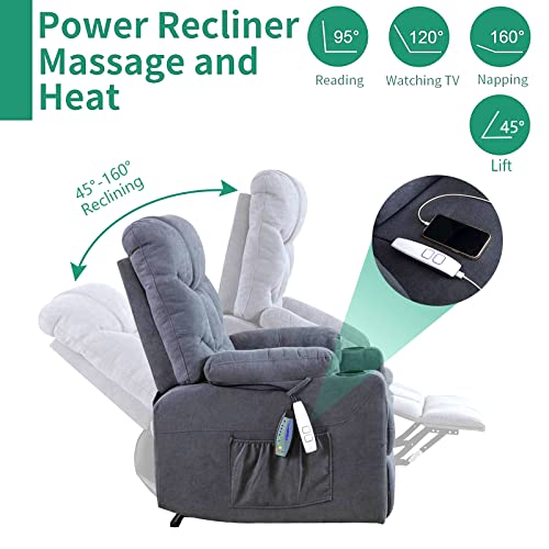 OBBOLLY Power Lift Recliner Chair for Elderly Massage with Heat, Linen Fabric Lazy Sofa with Cup Holders, USB, Side Pockets for Living Room