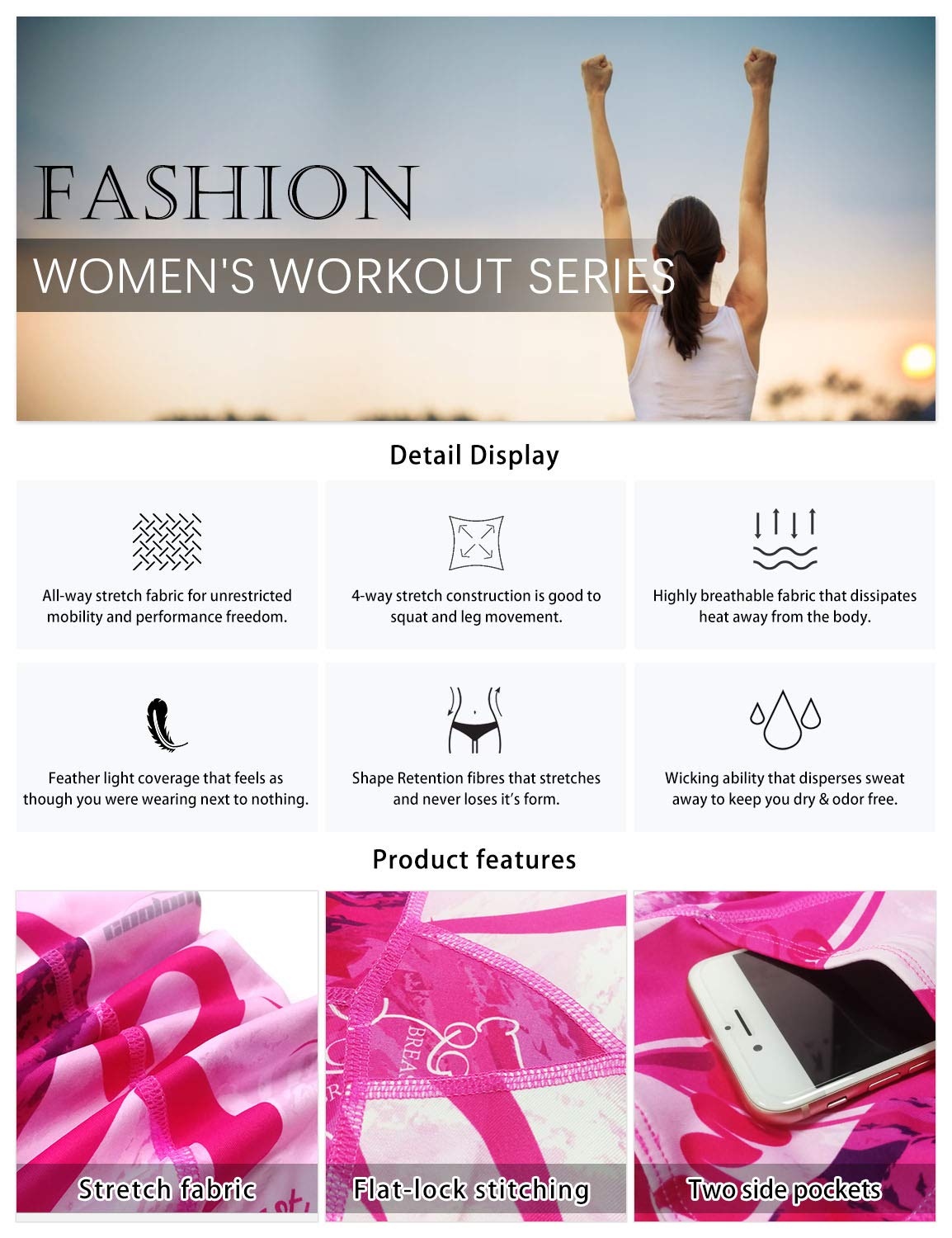 COOLOMG Breast Cancer Awareness Women Leggings Yoga Pants Workout Running Tights with Side Pockets Rosa Ribbon Printed XL