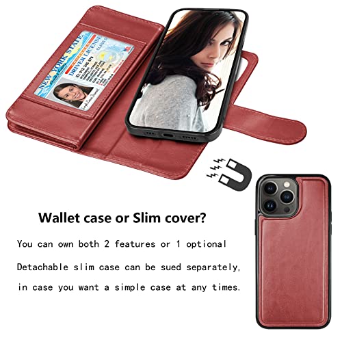 NJJEX Wallet Case for iPhone 14 Pro 6.1" 2022, for iPhone 14 Pro Case, [9 Card Slots] PU Leather ID Credit Holder Folio Flip [Detachable] Kickstand Magnetic Phone Cover & Lanyard [Wine Red]
