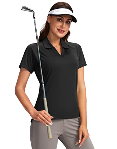 Obla Women's Golf Shirt Quick Dry V-Neck Short Sleeve Tennis Tops UPF50+ Collared Golf Polo Shirts for Women (Black_S)