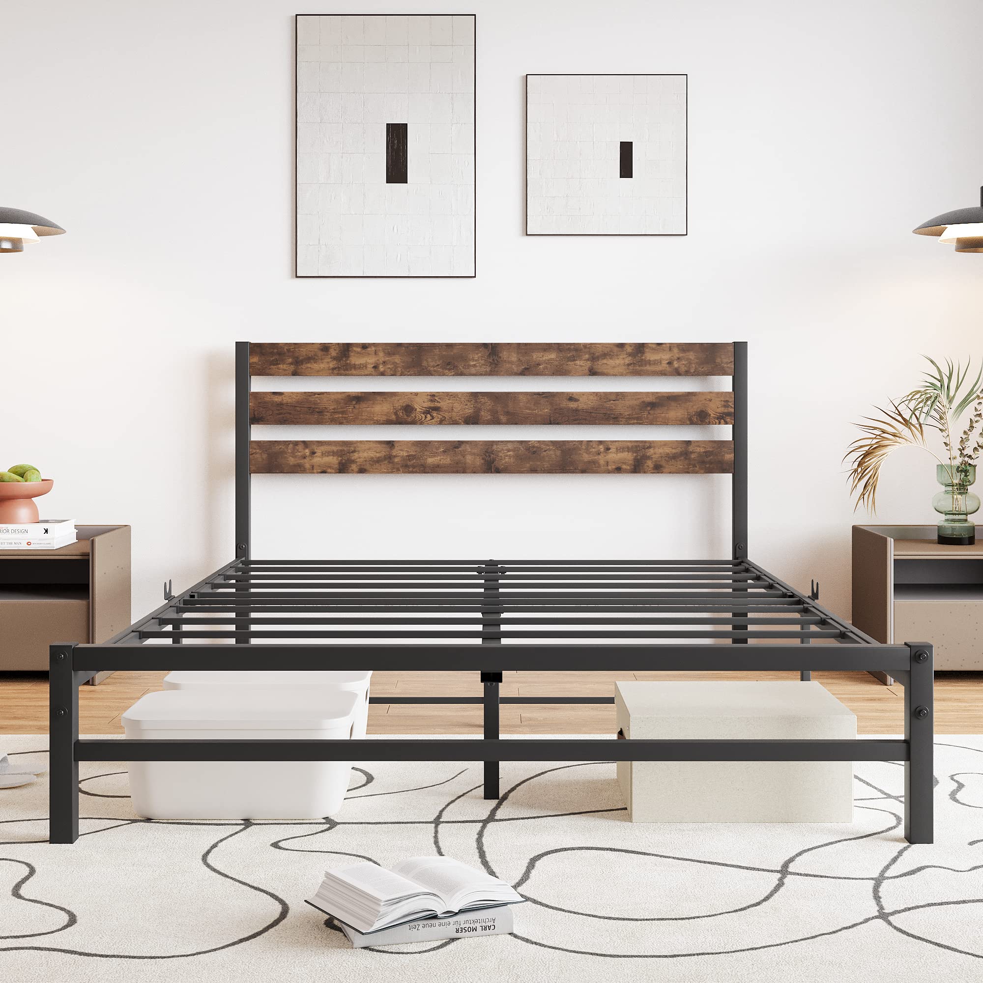 Crocofair Platform Queen Bed Frame with Vintage Wood Headboard,Mattress Foundation,Strong Metal Slats Support,No Box Spring Needed,Easy Assembly,Noise-Free,Black & Rustic