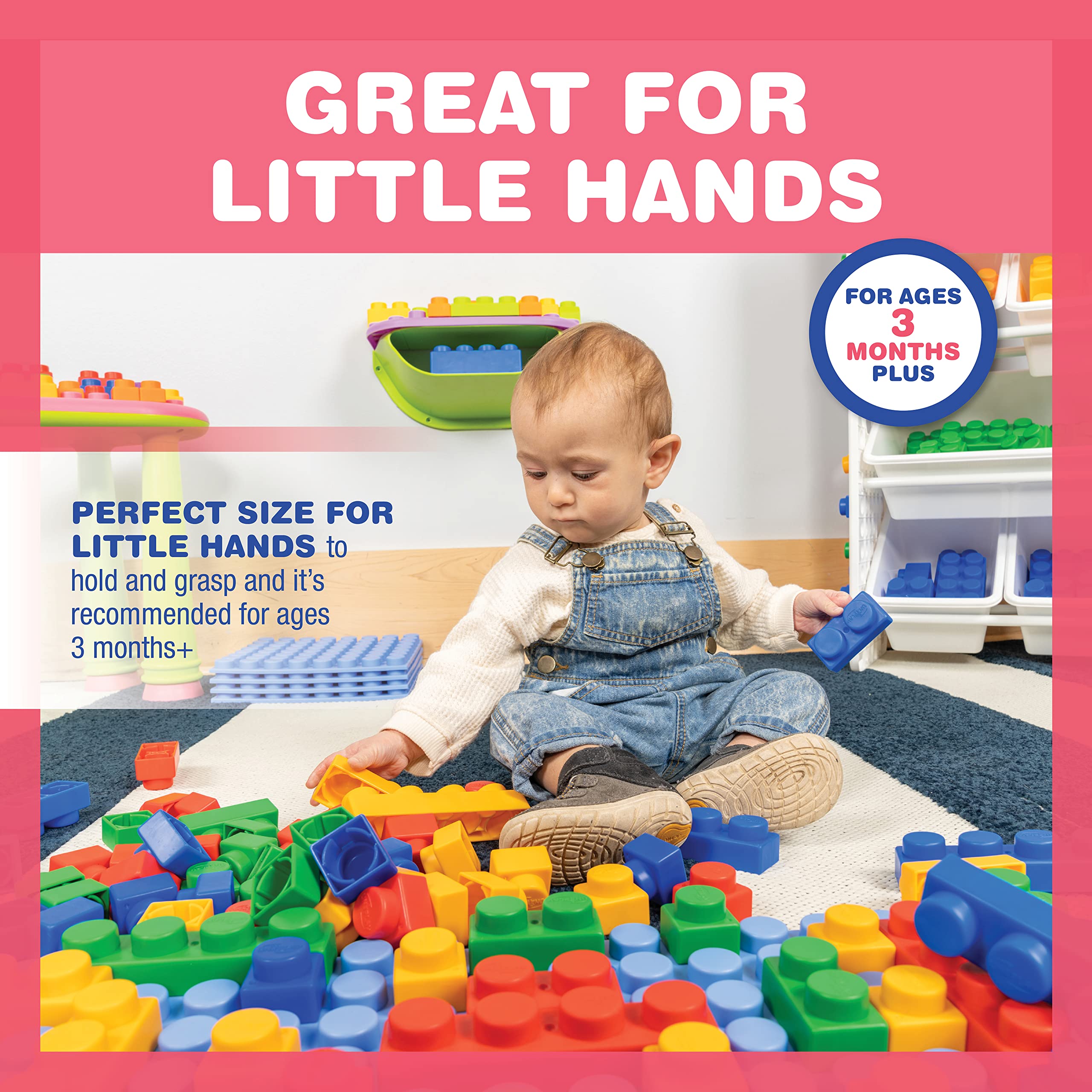 UNiPLAY Platform Soft Building Blocks β Educational Sensory Stacking Blocks, Learning Toy with 11 x 11 Inch Base Plate for Ages 3 Months and Up (64-Piece Set)