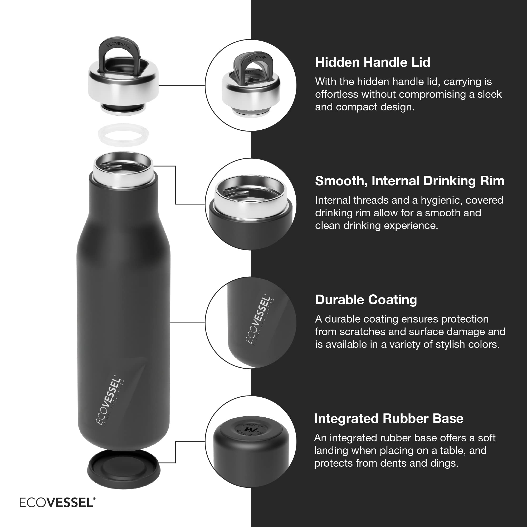 EcoVessel ASPEN Stainless Steel Water Bottle with Insulated Lid, Metal Water Bottle with Rubber Non-Slip Base. Wine Tumbler Reusable Water Bottle - 16oz (Black Shadow)