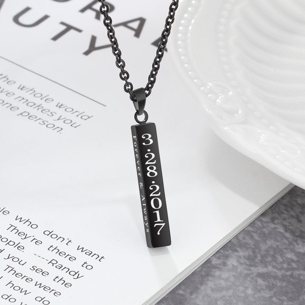 diamondidde Personalized Custom Message Names Pendant Necklace Unisex Stainless Steel Vertical Cuboid Bar Necklace (Black)