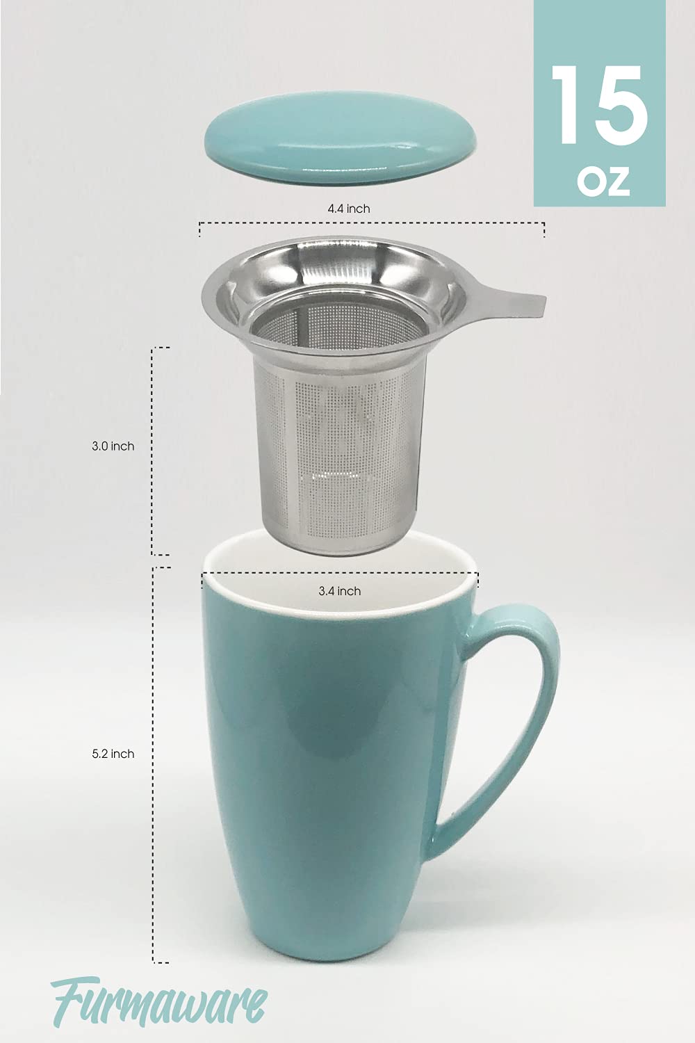 Furmaware Porcelain Tea Mug with Infuser and Lid. Large 15oz Loose Leaf Individual Teacup, Cooling Handle, Single Cup Infused Brewing at Home, Work, Travel. Removable Steeper for Coffee, Hot Water