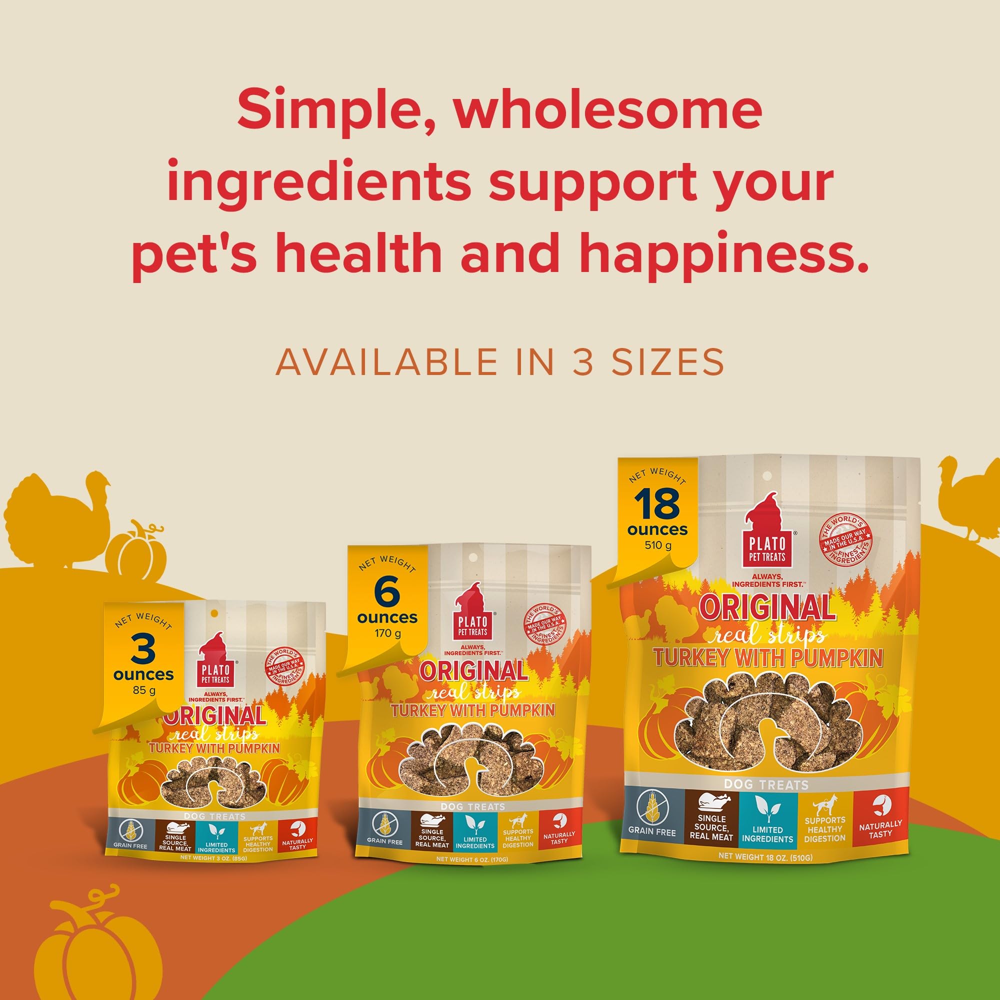 PLATO Turkey Real Strips Natural Dog Treats - Real Meat - Air Dried - Made in the USA - Turkey & Pumpkin, 3 ounces