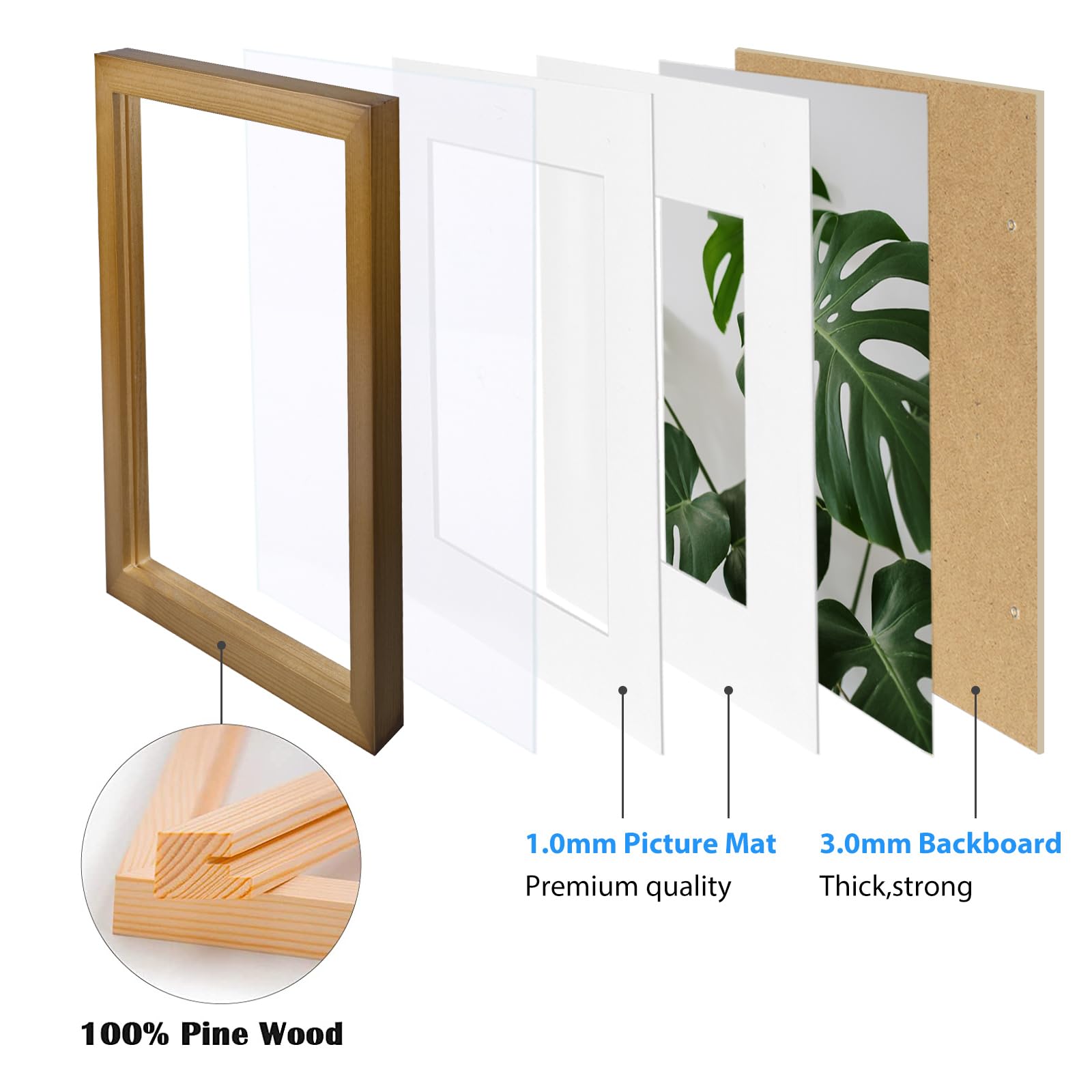 Egofine 11x14 Picture Frame Display Pictures 5x7/8x10 with Mat or 11x14 Without Mat Made of Solid Wood Covered by Plexiglass for Table Top Display and Wall Mounting Photo Frame, Light Brown