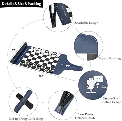 Travel Roll Up Leather Chess Set Chess Game Set with Checkers Inside,New Detachable Portable Chess Game Set for Home Outdoor (Blue)