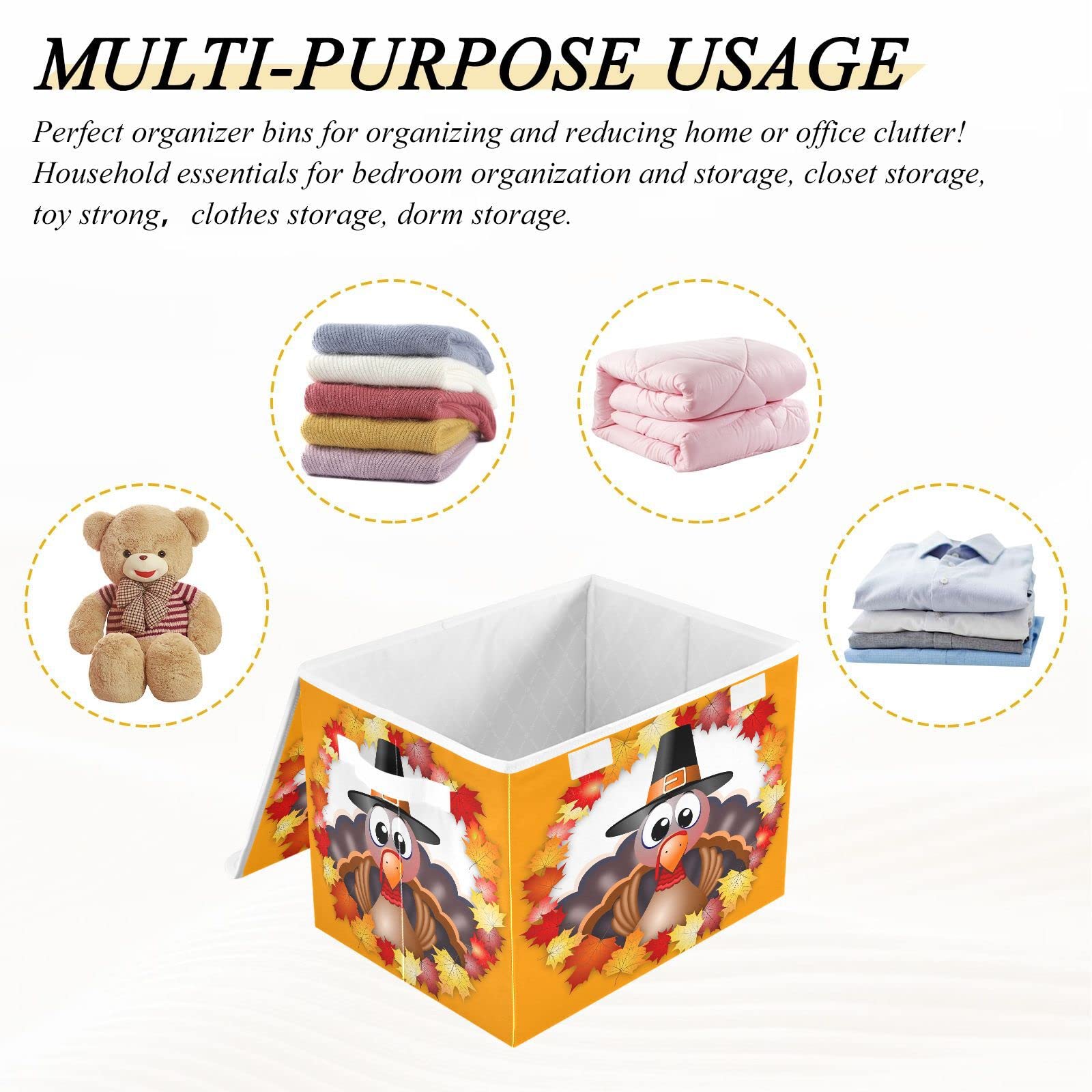 Krafig Thanksgiving Turkey Decorative Storage Box with Lid Large Bins Baskets Collapsible Cube Organizer Foldable Containers for Organizing, Toy, Playroom, Shelf, Closet