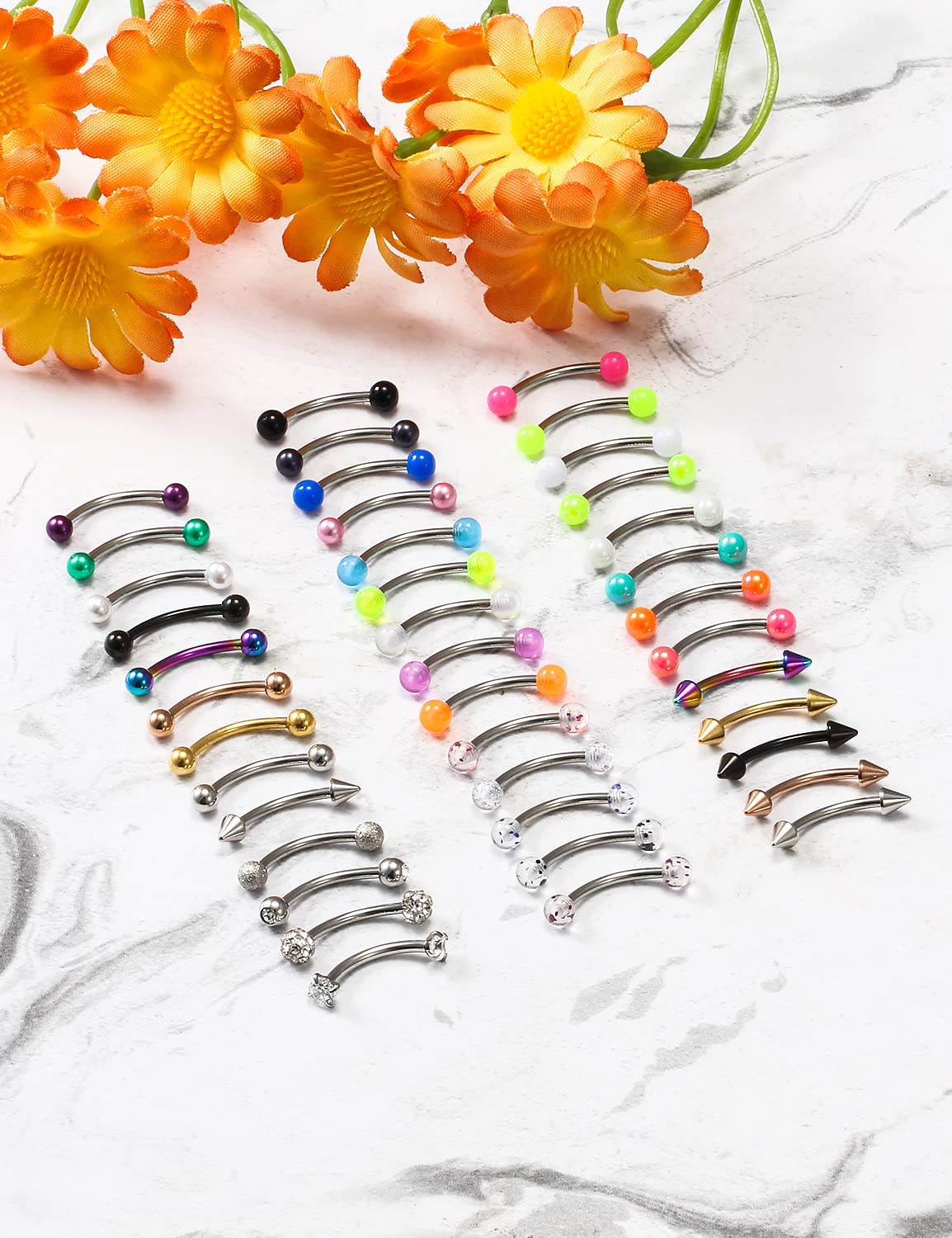Dyknasz 40Pcs 16G Surgical Steel Daith Rook Earring 8mm 5/16" Curved Barbell Eyebrow Rings Belly Button Ring Piercing Jewelry for Women Men