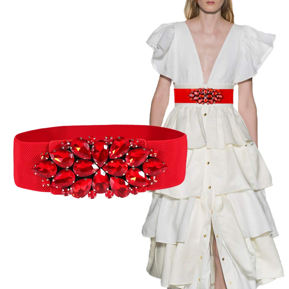Dorchid Women Rhinestone Belt Crystal Elastic Waist Floral Cummerbund for Dress Red