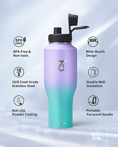 Trebo 40oz Insulated Water Bottle that Fits in Cup Holder, Stainless Steel Double Wall Tumbler Bottles with Paracord Handle, Flask with Straw Spout Lids, Keep Cold for 48 Hrs/Hot 24 Hrs,Cotton Candy