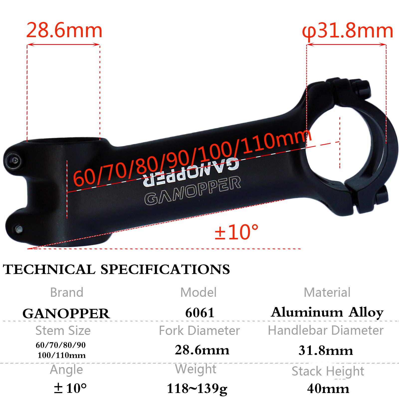 GANOPPER Mountain Bike Handlebar Stem 31.8 MTB Stem Riser 25.4 Bike Stem Fixie Bicycle Accessories