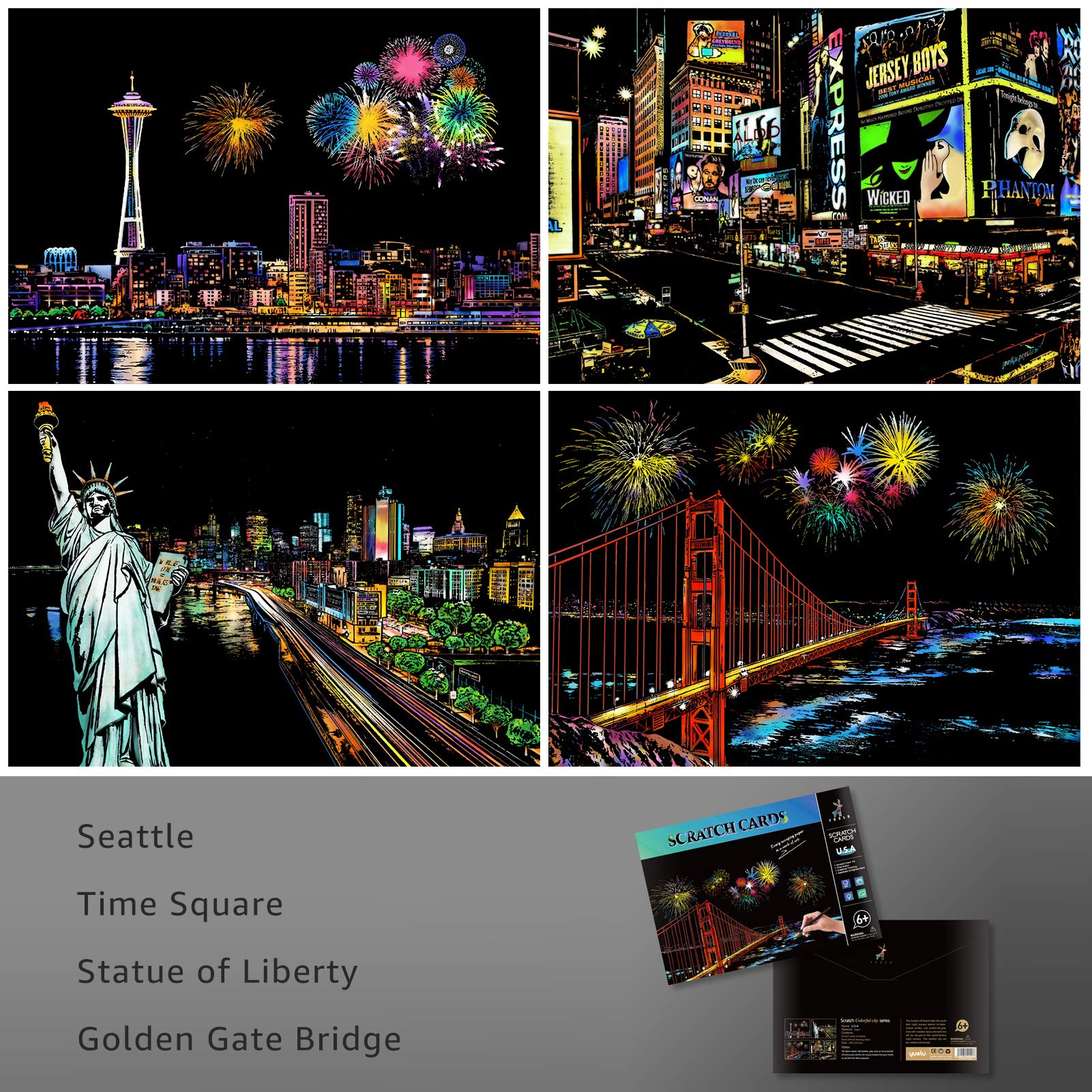 Scratch Art for Teens & Adults, Rainbow Engraving Painting Landscape Scratchboard(A4) Crafts Set: 8 Sheets with 4 Tools - New York, Statue of Liberty, Golden Gate Bridge, Manarola (America/Europe)