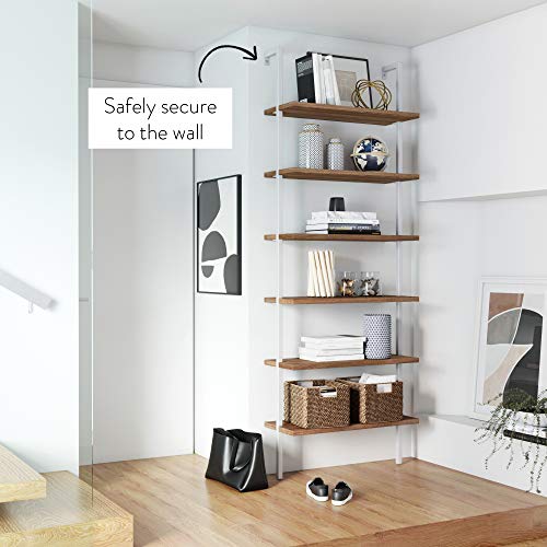 Nathan James Theo 6-Shelf Tall Bookcase, Wall Mount Bookshelf with Natural Wood Finish and Industrial Metal Frame, Rustic Oak/White