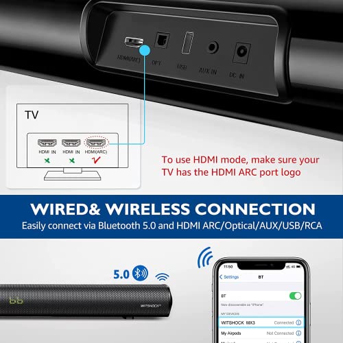 Sound Bar Soundbar TV Speaker: 110 Watt 2.1 CH Surround System Home Theater with Built-in Subwoofer Wireless Wired Bluetooth 5.0 Optical AUX HDMI-ARC RCA USB Connectivity
