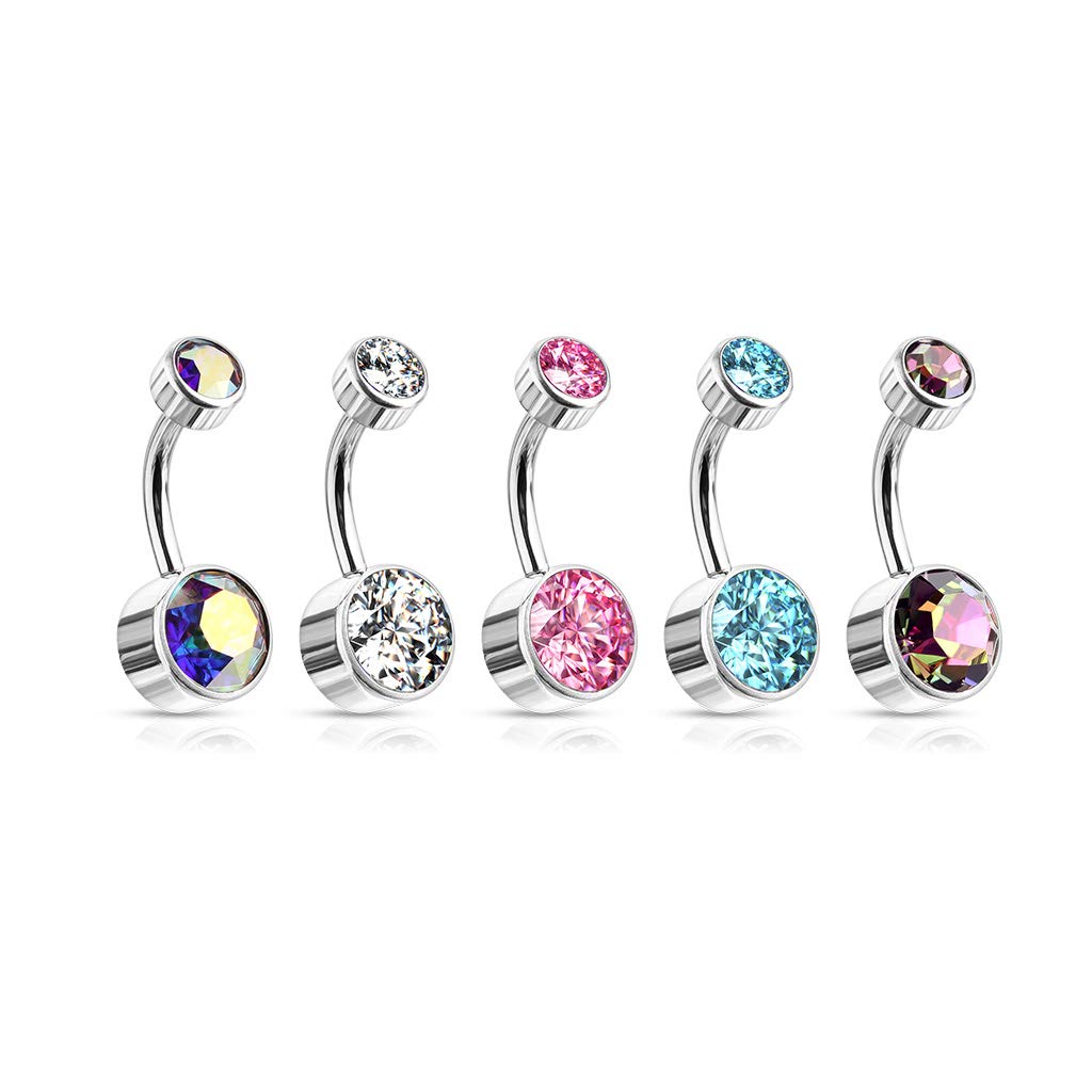 Dynamique Implant Grade Titanium Internally Threaded Top Double Round Swarovski Crystal Bezel Set Belly Button Ring (Sold Per Piece)