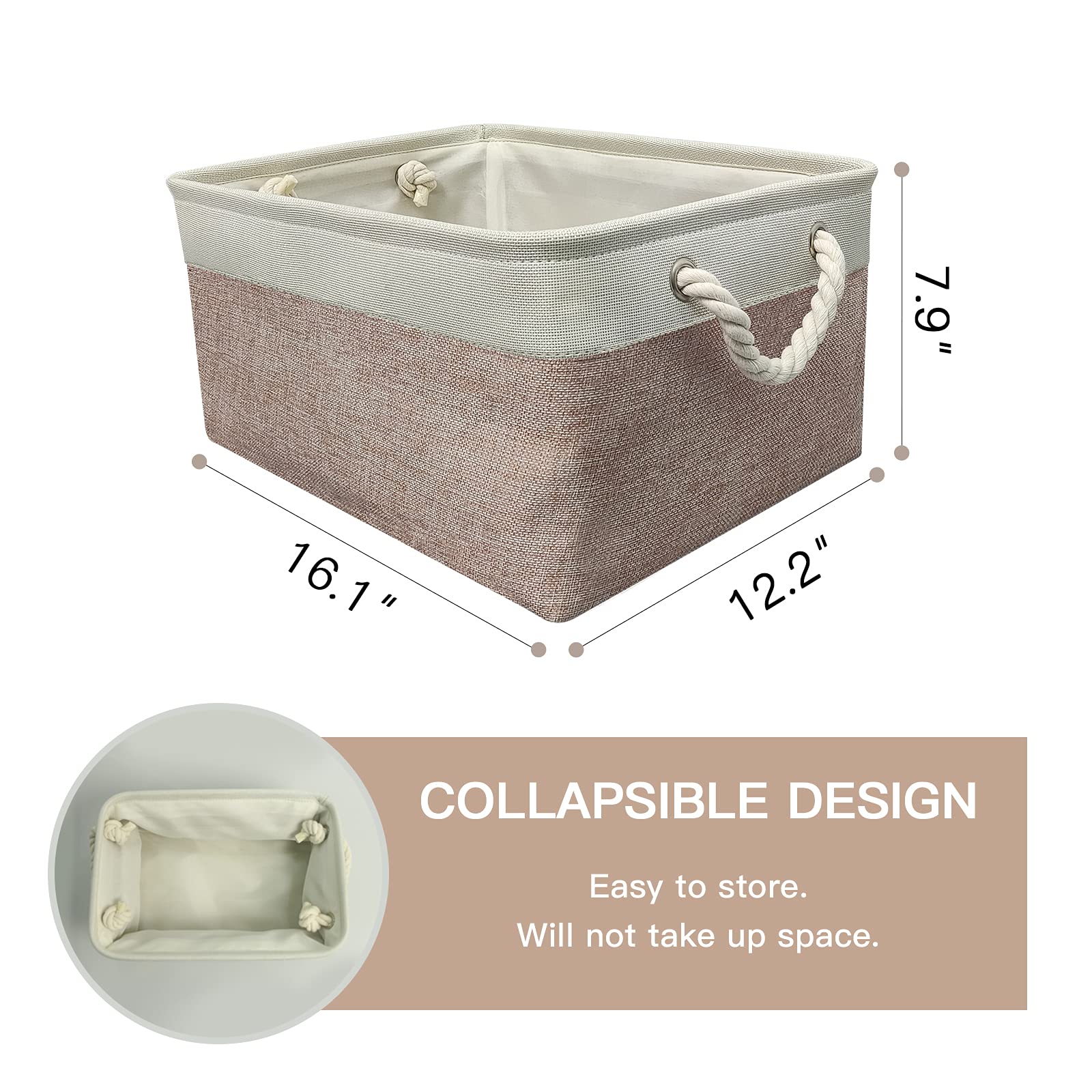Protecu Storage Basket Bins Organizer Fabric Toy Basket with Handles - Large Baskets for Organizing Gifts Empty Shelves Closet (White & Pink, 16.1x12.2x7.9 inch)