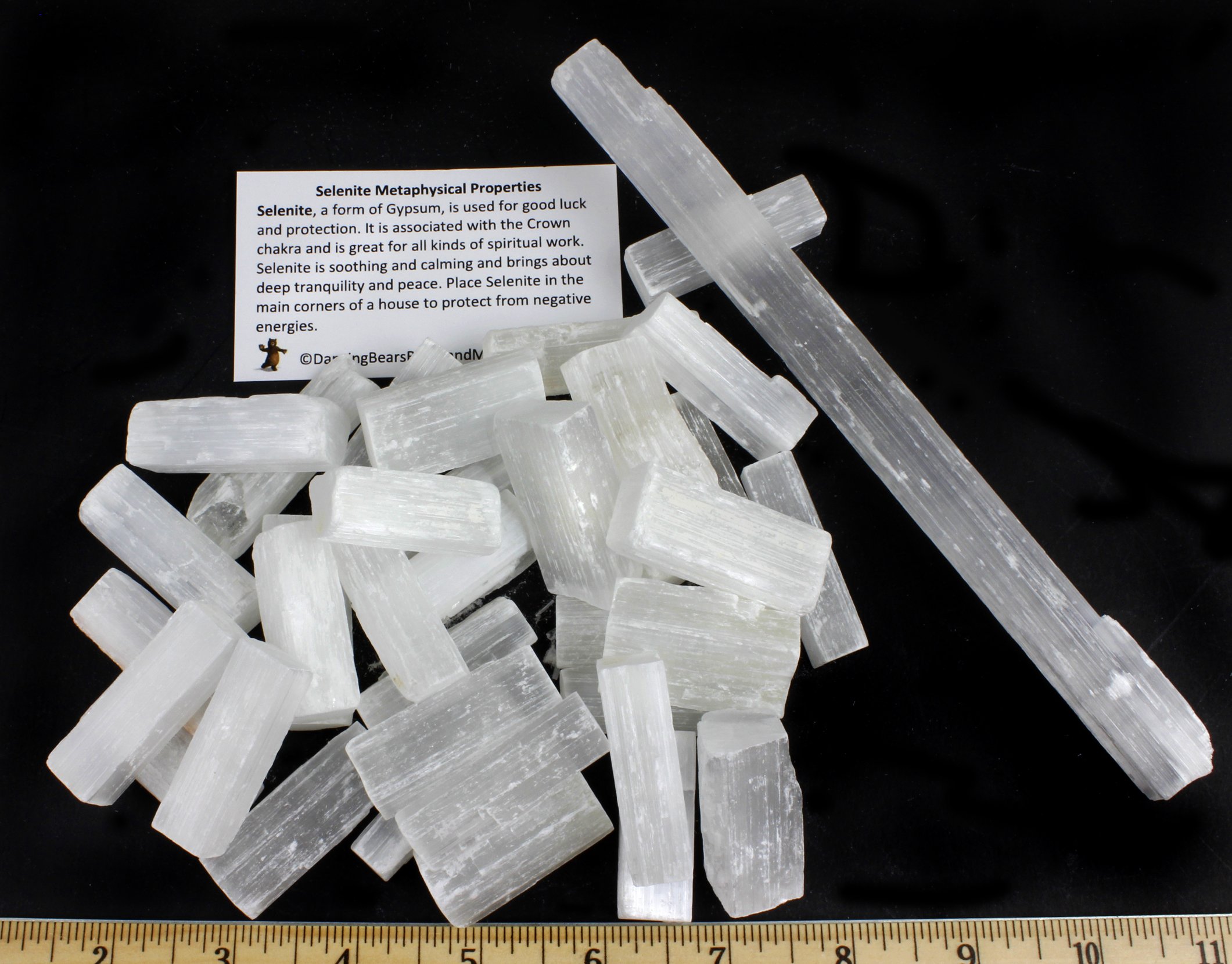 DANCING BEAR Selenite Sticks Wands Bulk (35-40 pcs) 1.5-2 inch L X .25-.5" W Each, Bonus: Free 6-8" Selenite Stick & ID Card, Reiki, Chakra, Healing, Protection Grids, Good Luck, Positive Energy