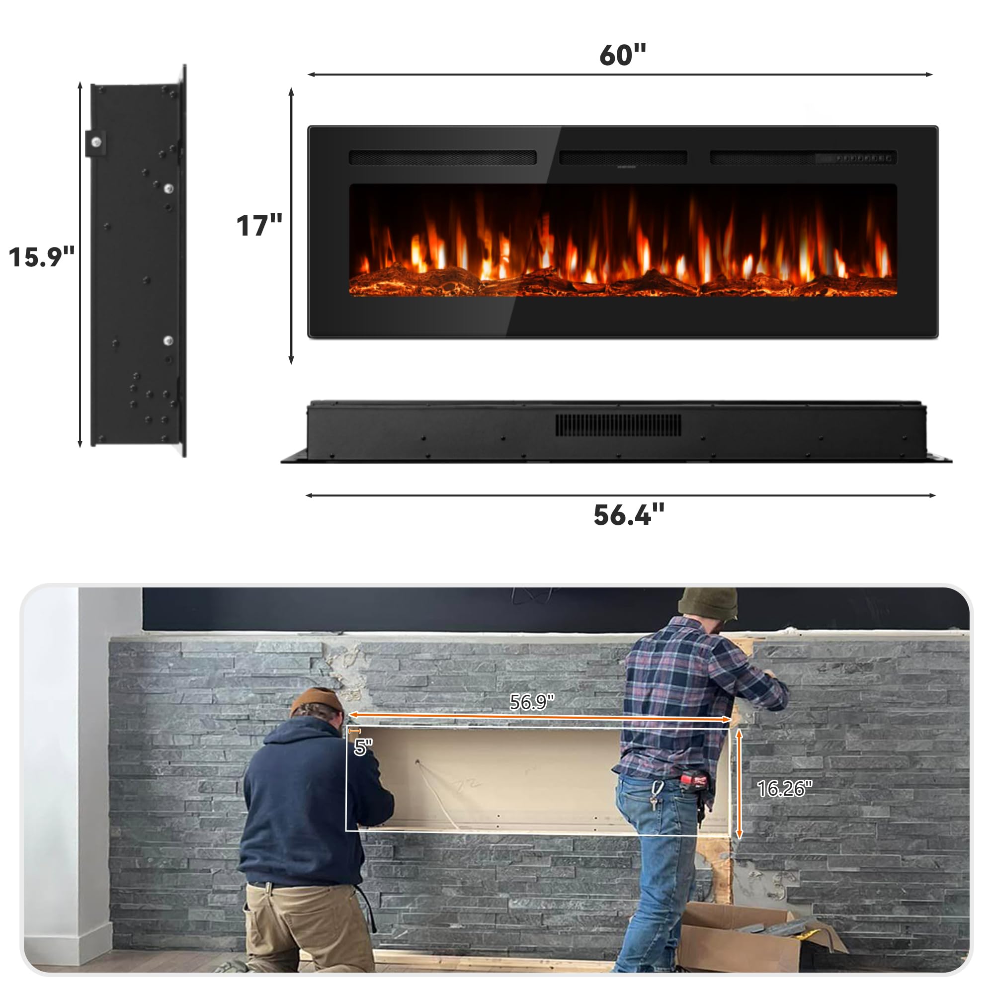 Manastin 60 Inch Electric Fireplace in-Wall Recessed and Wall Mounted with Remote Control, 750W/1500W Thin Wall Fireplace Heater(60-99ยฐF Thermostat) with 12 Adjustable Color, Timer and Log Set