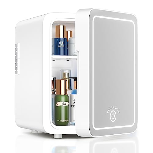 Skincare Fridge - Makeup Fridge With Dimmable LED Light Mirror, 4L Mini Fridge for Bedroom, Car, Office & Dorm, Cooler & Warmer, Portable Small Refrigerator for Cosmetics, Skin Care and Food, White
