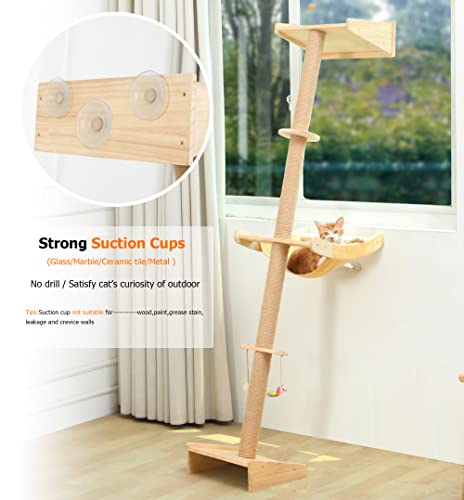 Wall Cat Tree with Hammock, 76" Tall Cat Wall Furniture Lean Against Wall Cats Climbing Tower for Active Indoor Climbers with Simply Suctions to Window