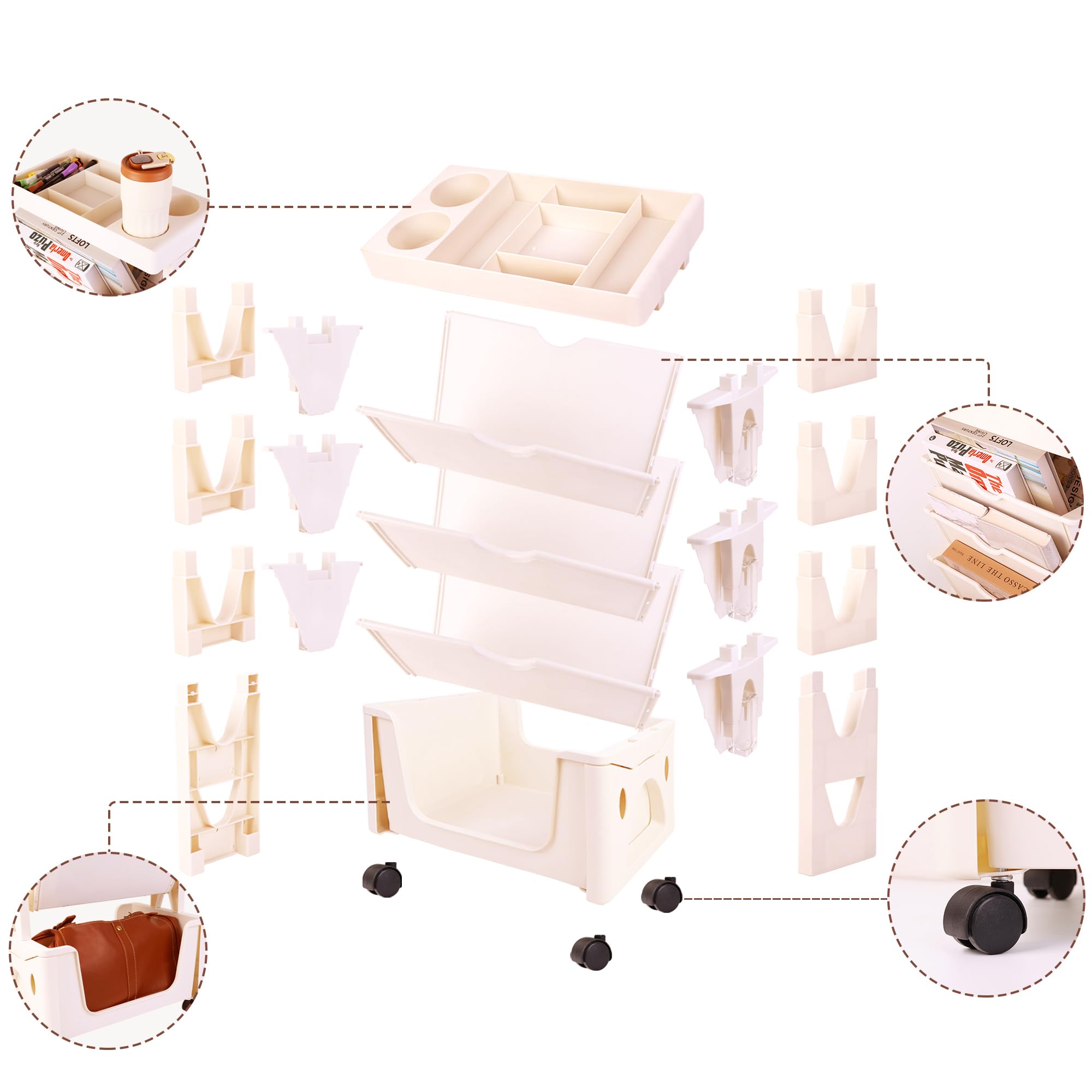 RYIDA Mobile Bookshelf, 5 Tier Movable Bookshelf with Wheels, Versatile Bookshelf Organizer for Boys, Girls, Kids, Children, Students, and Workers Who Need to Organize and Store Books(Khaki)
