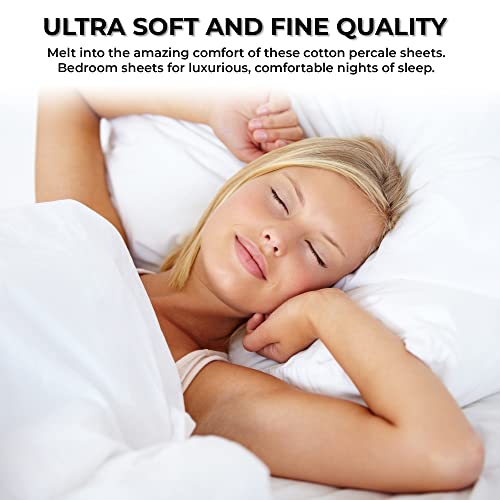 Tribeca Living King Bed Sheet Set, Crisp and Smooth Cotton Percale Solid Sheets and Pillowcase Set, Extra Deep Pocket, 300 Thread Count, 4-Piece Luxury Bedding, White