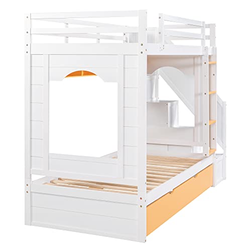 HomSof Twin Over Twin Bunk Bed with Trundle,Stairs,Ladders Solid Wood Bunk Bed with Storage Cabinet (White + Yellow)