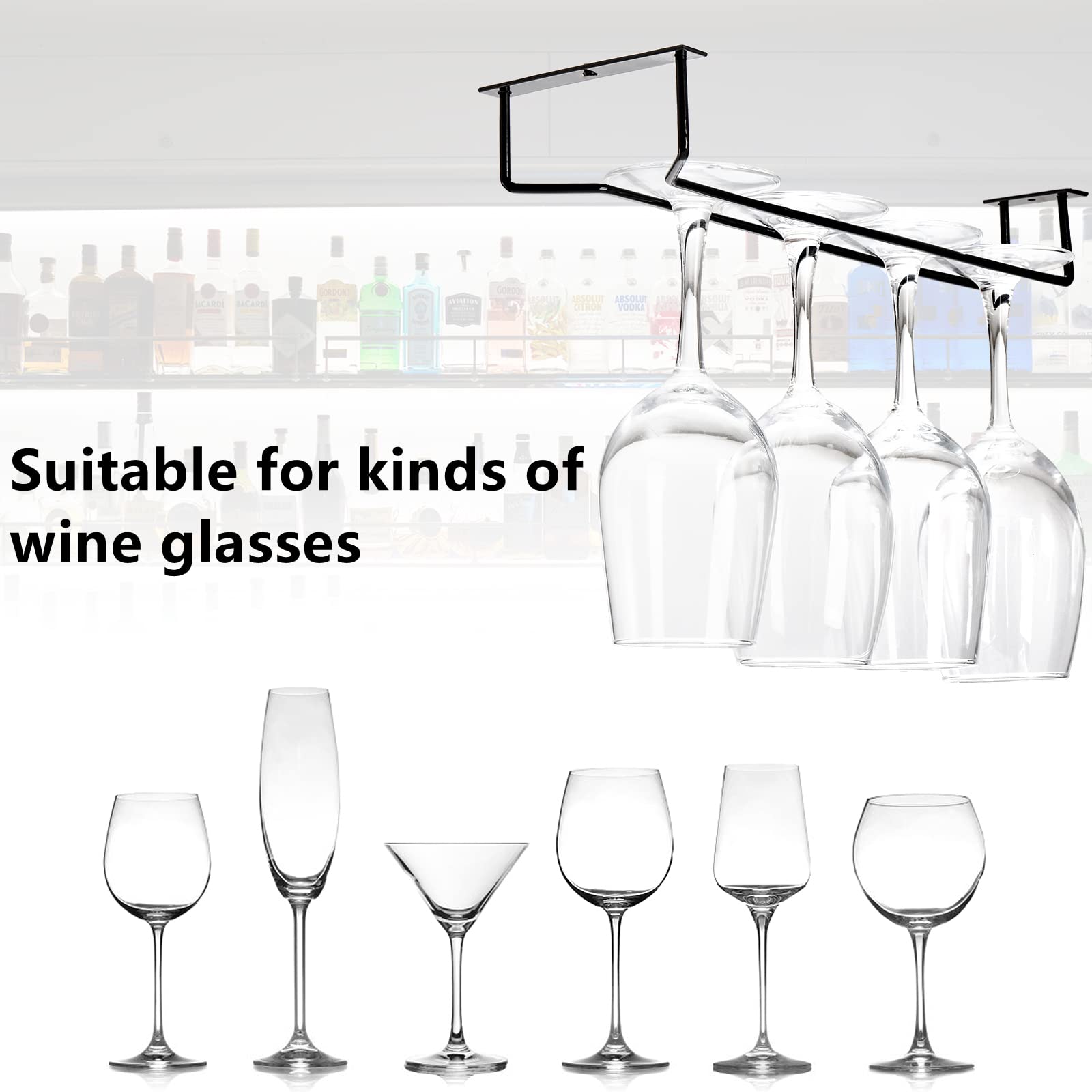 Dicunoy 6 Pack Black Wine Glass Rack, 14 Inch Under Cabinet Stemware Holder, Wall Mounted Iron Wine Glass Hanging Rack for Shelf, Kitchen, Bar, Wine Cellar Storage, Organizer, Display