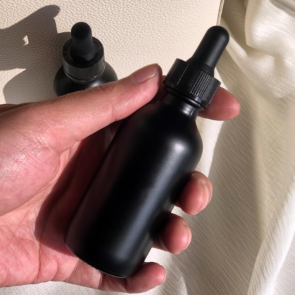seafulee 60ml Black Coated Glass Bottle with Glass Eye Dropper, 2 oz Capacity,UV Safe Bottles for Essential Oils and Aromatherapy (Pack of 12)