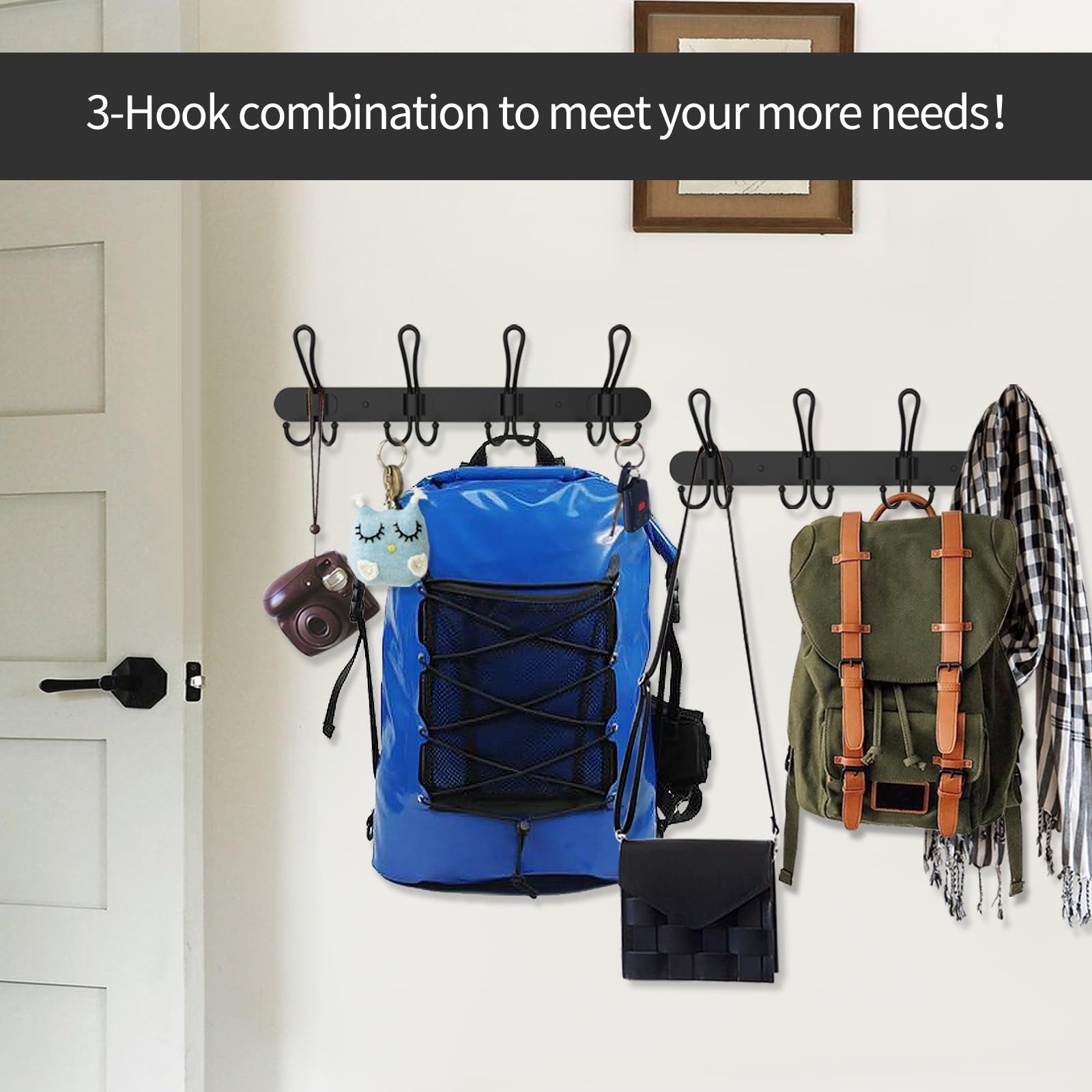 CoziPlan Coat Rack Wall Mounted, 4 Heavy-Duty Tri Hooks All Metal Structures with Large Space, for Coat Hat Towel Purse Robes Mudroom Bathroom Entryway (Matte Black, 2 Packs)