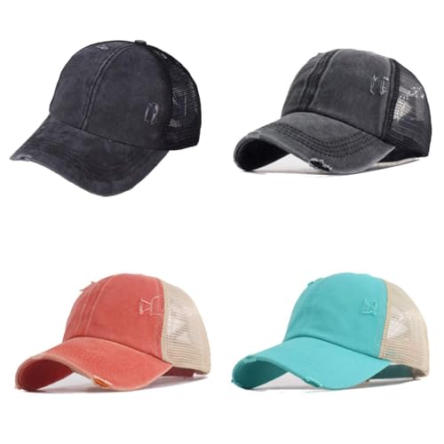 Didida 4 Pack Criss Cross Ponytail Hat Washed Distressed Women Mesh Baseball Caps Messy Bun Ponycaps, black&grey&cyan&coral