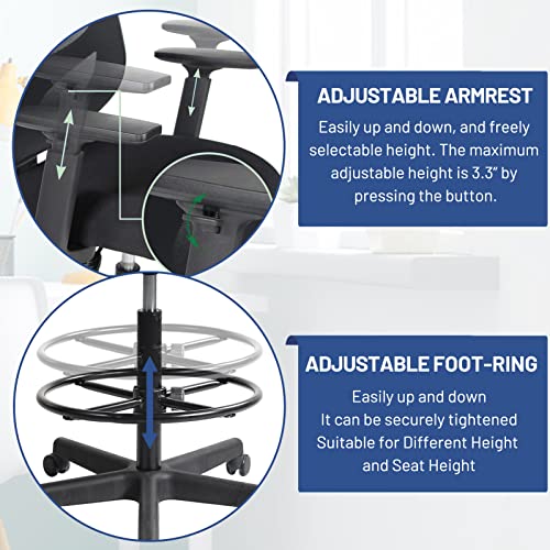 Tall Office Chair, Drafting Chair, High Adjustable Standing Desk Chair, Ergonomic Mesh Computer Task Table Chairs with Adjustable Armrests and Foot-Ring for Standing Desk and Bar Height Desk