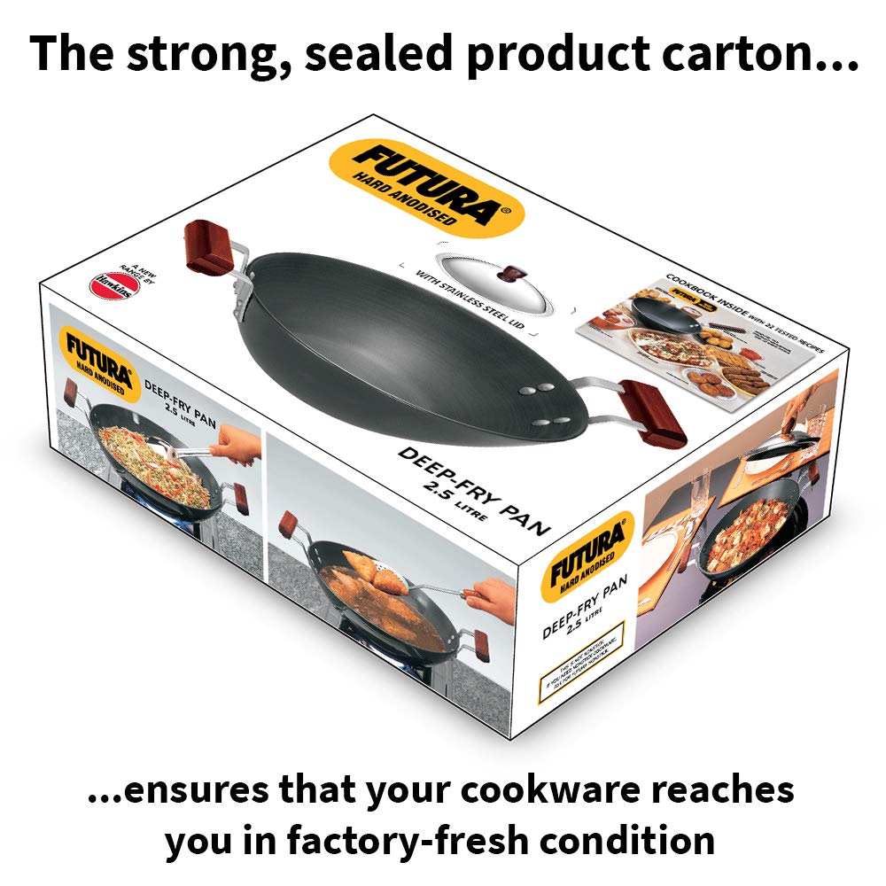 Futura L23 Hawkins Hard Anodised Deep Fry Pan/Kadhai with Flat Bottom and Steel Lid, 2.5 Liter, Small, Black