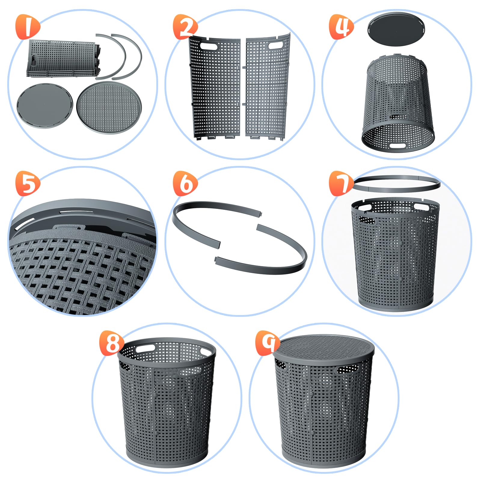 Sadstory Small Plastic Laundry Basket, 40 L Round Laundry Hamper, 2 Packs