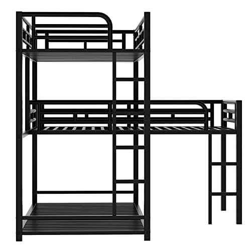Triple Bunk Beds, L-Shaped Bunk Bed for 3 Kids Adults with 2 Built-in Ladders and Full-Length Guardrails, Space-Saving, Noise-Free Metal Triple Bunk Bed