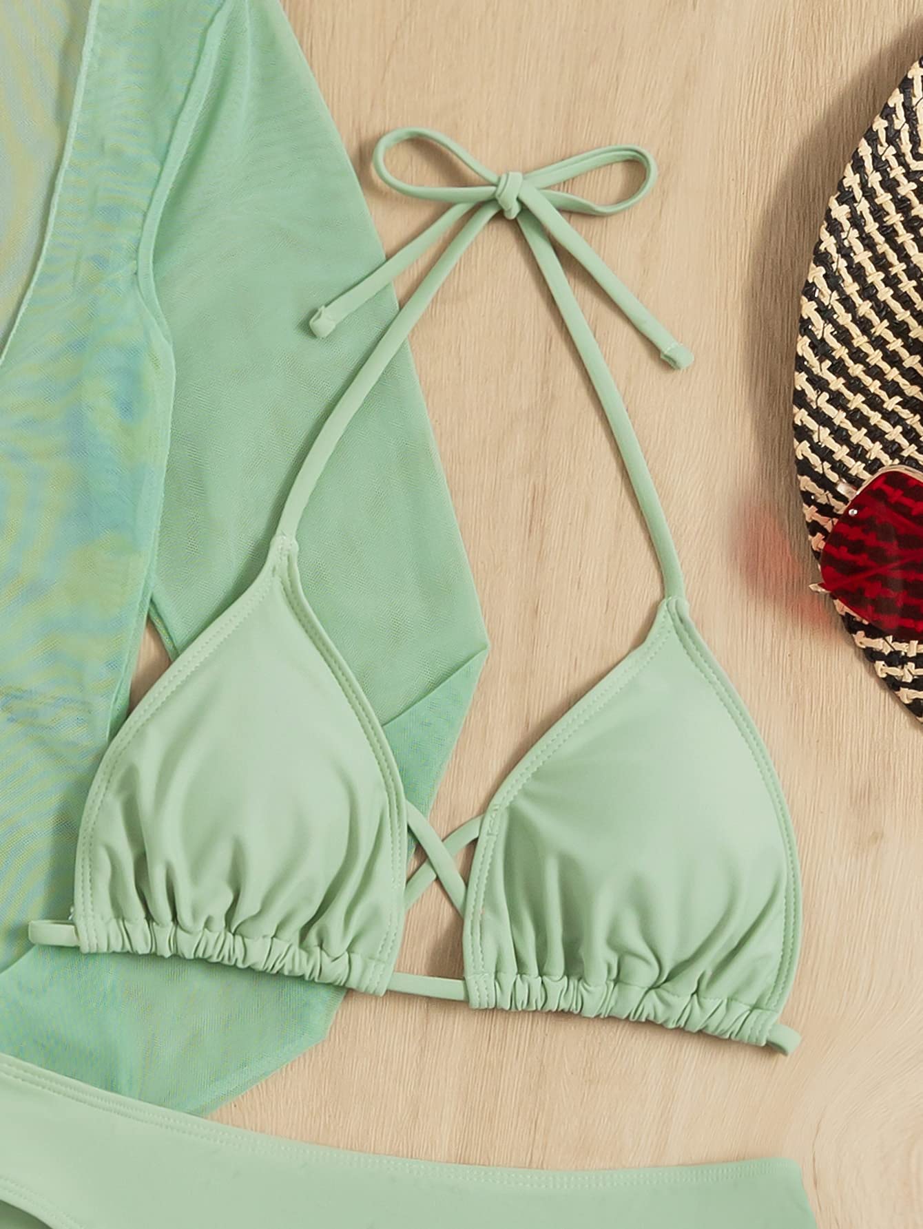 COZYEASE Women's 3 Piece Swimsuits Drawstring Triangle Halter Tie Side Thong Sexy Bikini Set with Cover Up Mint Green M