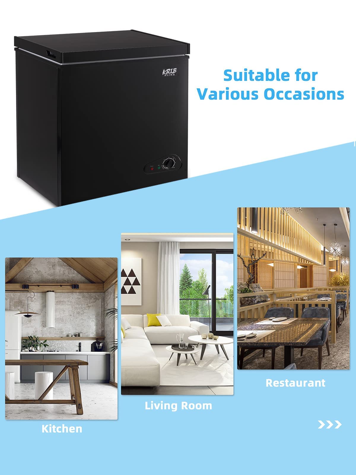 KRIB BLING Chest Freezer 5.0 cu.ft Mini Adjustable 7 Thermostat Compact Deep Freezer Top Door Low Noise with Removable Basket Black