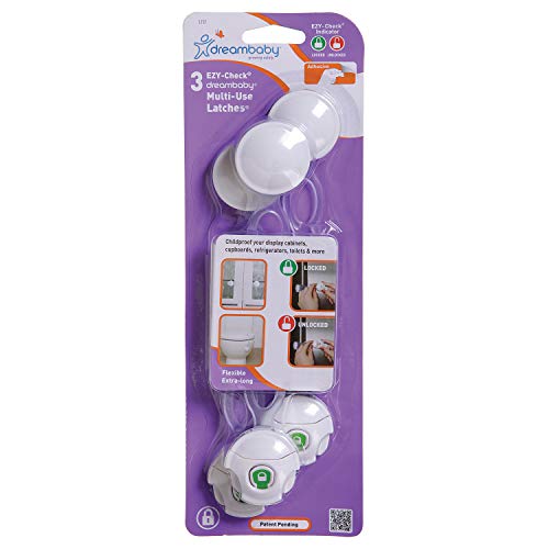 Dreambaby Ezy-Check Multi-Use Latch - Child Safety Locks for Cabinets, Fridge, & Cupboards - with Adhesive Backing - White (3 Pack)