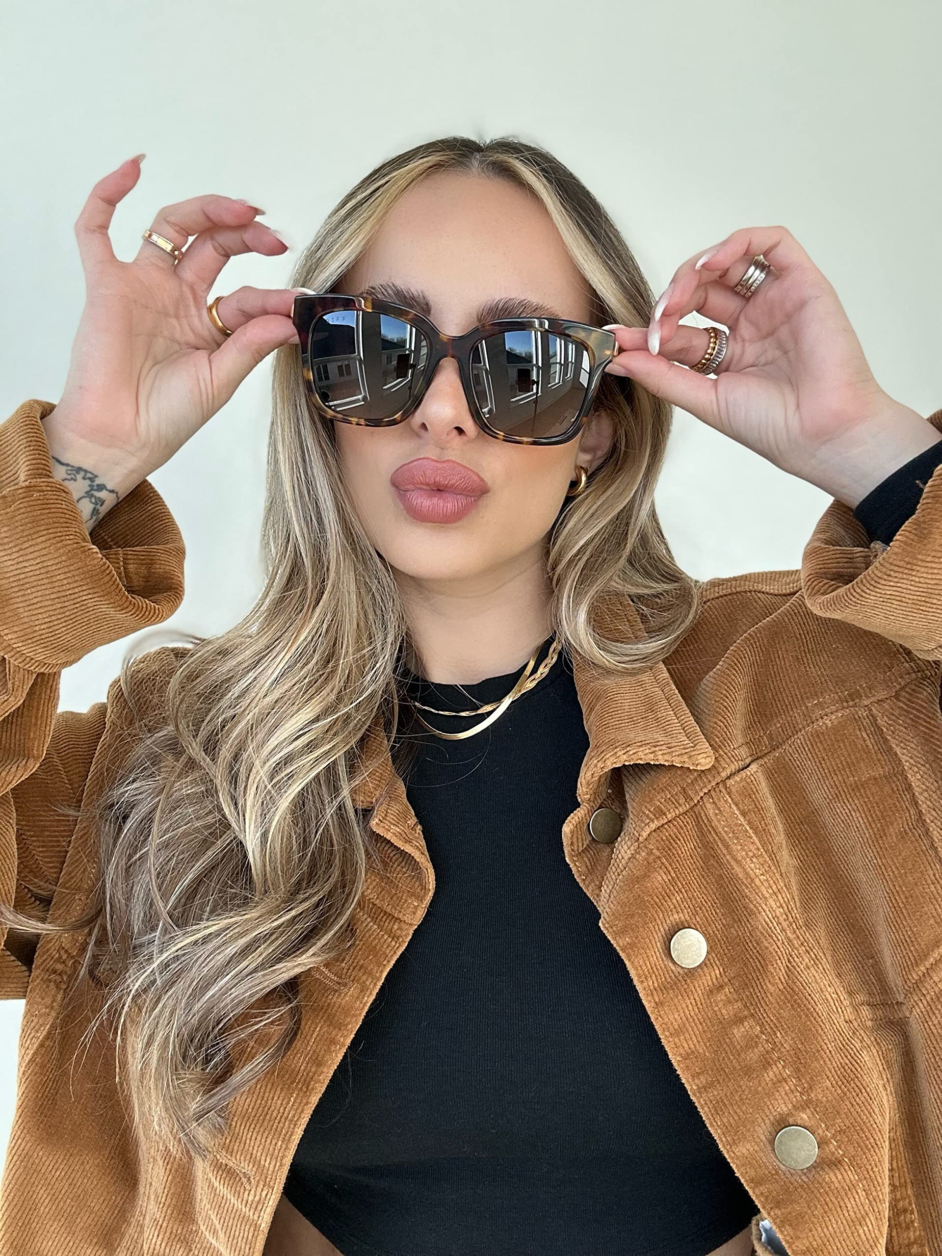 DIFF Bella Designer Square Oversized Sunglasses for Women UV400 Polarzied Protection w/giftable travel case, Amber Tortoise + Steel Gradient