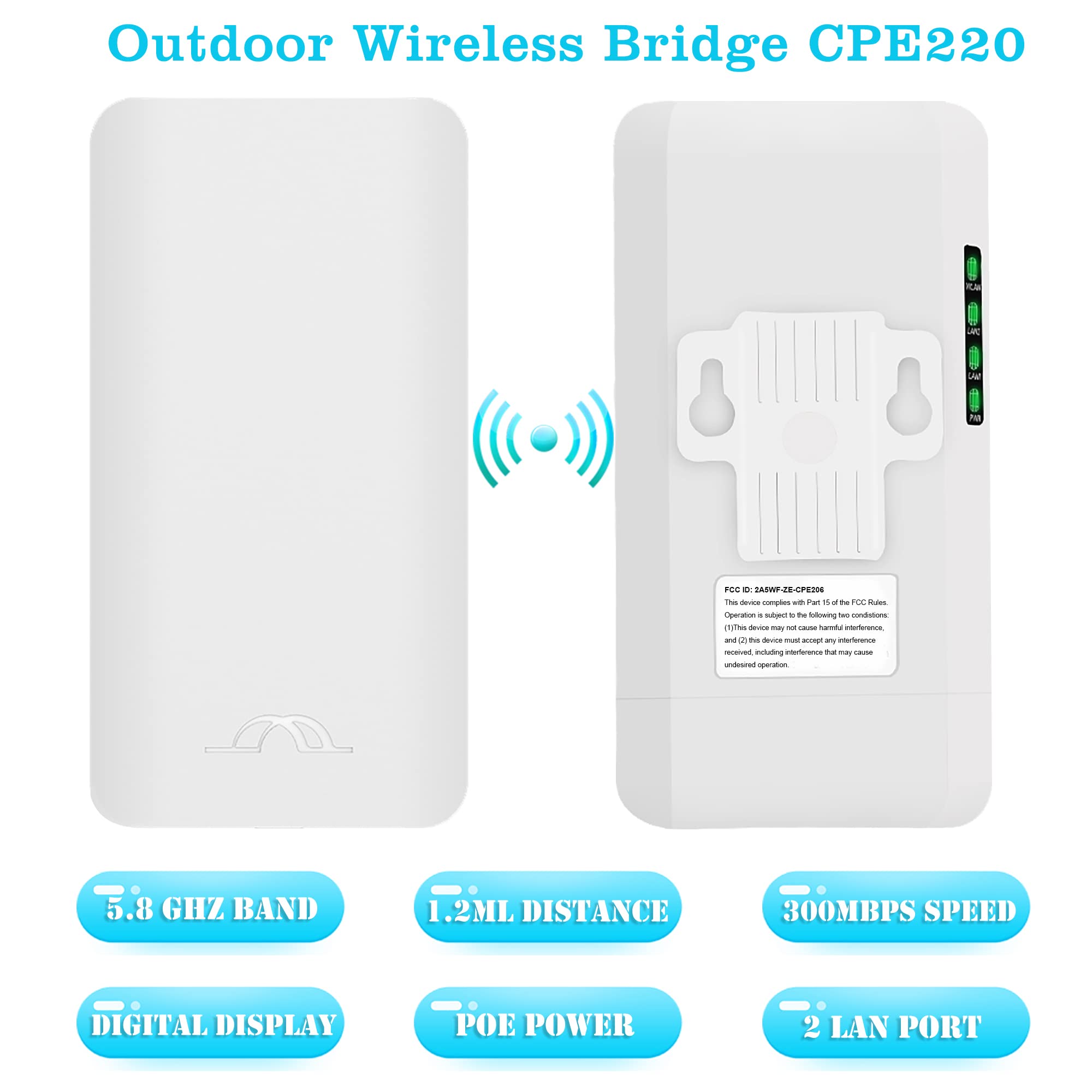 Point to Point Wireless Bridge Outdoor,5.8G WiFi Access Extender CPE Outdoor WiFi Long Range Internet Repeater Supports Video Surveillance Transmission up 1.2 Miles with 12DBi Gain Antenna 2 Pack