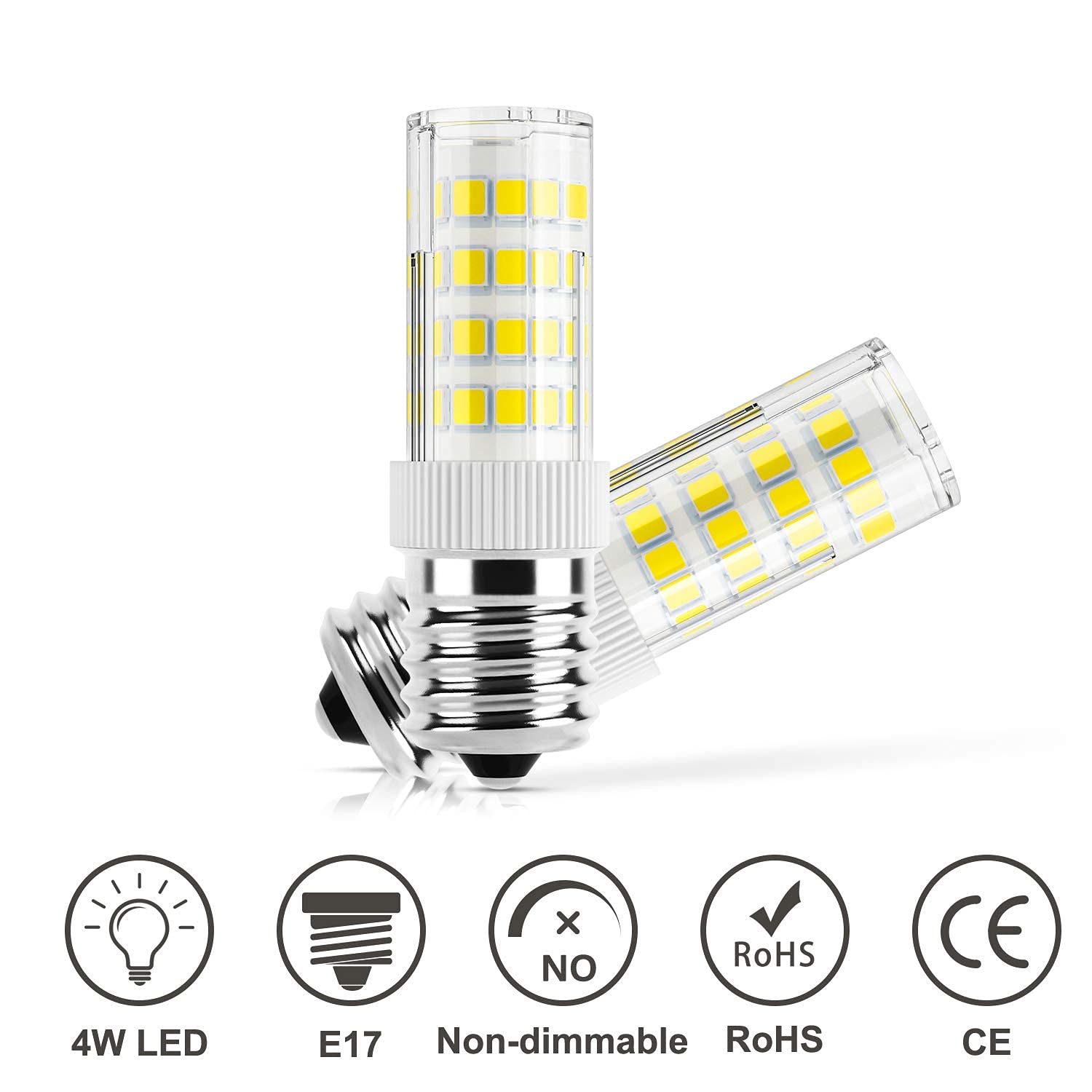 DiCUNO E17 LED Bulb, Appliance Bulbs, Microwave Oven, Stovetop Light, 4W 400lm, Daylight White 6000K, Non-dimmable 40w Equivalent Replacement for Incandescent Bulb, 2-Pack