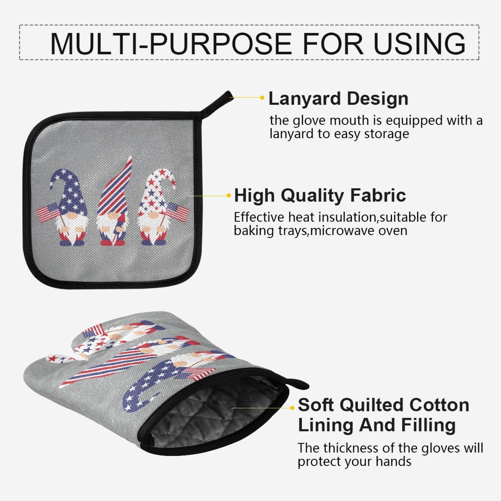 Exnundod America Flag Gnomes Oven Mitts Pot Holders Set,Memorial Day 4Th of July Patriotic Hot Pads&Gloves 2pcs for Kitchen Cookware Cooking BBQ Baking Bakeware Sets